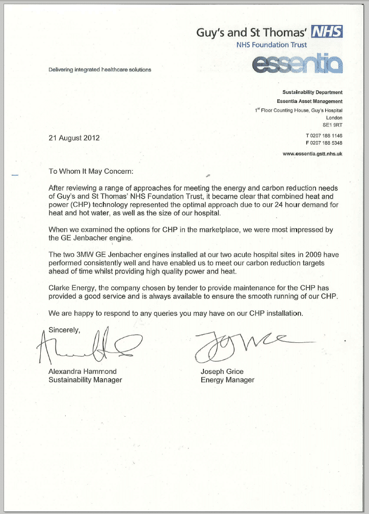 Guy's and St Thomas' hospital letter of support for CHP plant